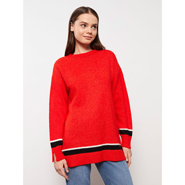 Bisiklet Yaka Düz Uzun Kollu Oversize Kadın Triko Tunik