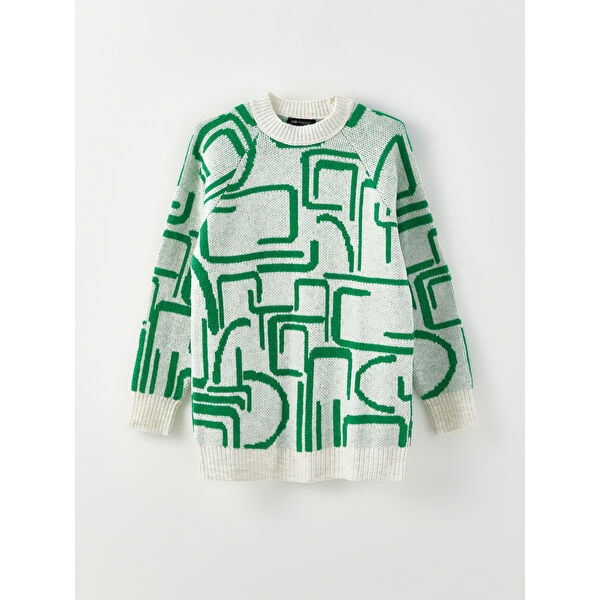 Bisiklet Yaka Desenli Uzun Kollu Oversize Kadın Triko Tunik