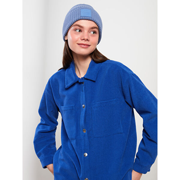 Gömlek Yaka Düz Uzun Kollu Kadife Oversize Kadın Tunik