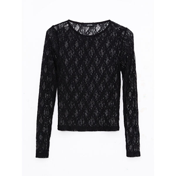 Bisiklet Yaka Nakışlı Uzun Kollu Kadın Tişört