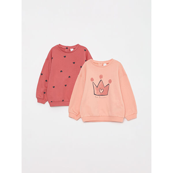 Bisiklet Yaka Uzun Kollu Baskılı Kız Bebek Sweatshirt 2'li