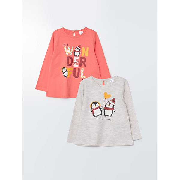 Bisiklet Yaka Uzun Kollu Baskılı Kız Bebek Tişört 2'li