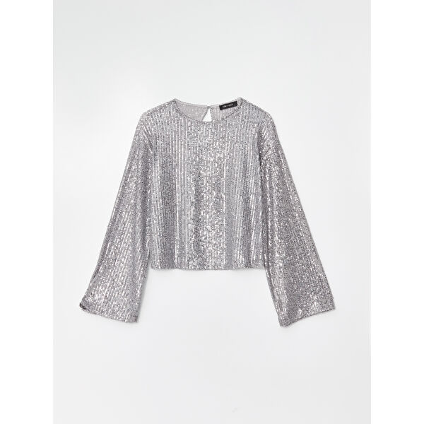 Bisiklet Yaka Pul Payet İşlemeli Uzun Kollu Kadın Bluz Bisiklet Yaka Pul Payet İşlemeli Uzun Kollu Kadın Bluz