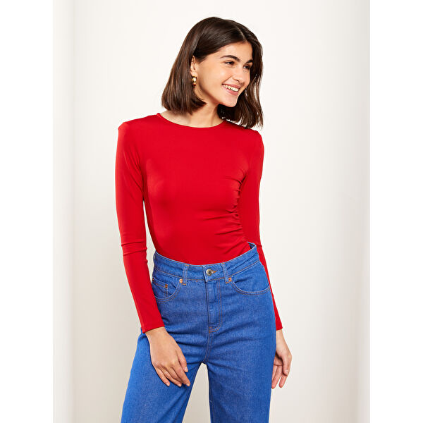 Bisiklet Yaka Düz Uzun Kollu Kadın Bodysuit