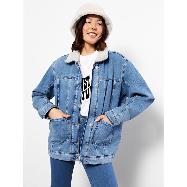 Gömlek Yaka Düz Uzun Kollu Kadın Jean Ceket