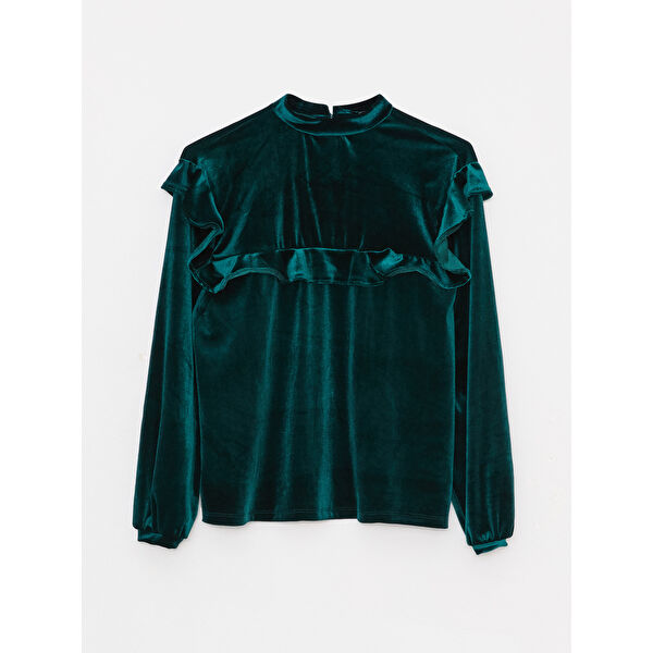 Dik Yaka Düz Uzun Kollu Kadife Kadın Kazak