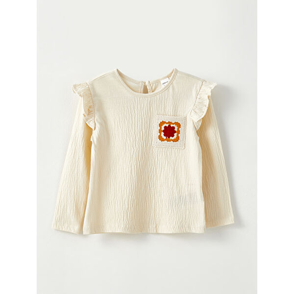 Bisiklet Yaka Uzun Kollu Nakış Detaylı Kız Bebek Tişört