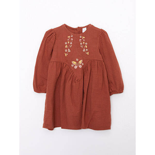 Bisiklet Yaka Uzun Kollu Nakış Detaylı Kız Bebek Elbise