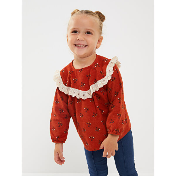 Bisiklet Yaka Uzun Kollu Baskılı Pamuklu Kız Bebek Bluz