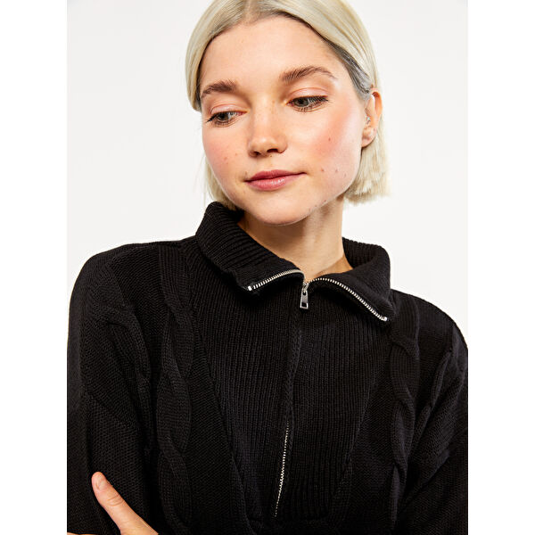 Polo Yaka Düz Uzun Kollu Kadın Triko Kazak