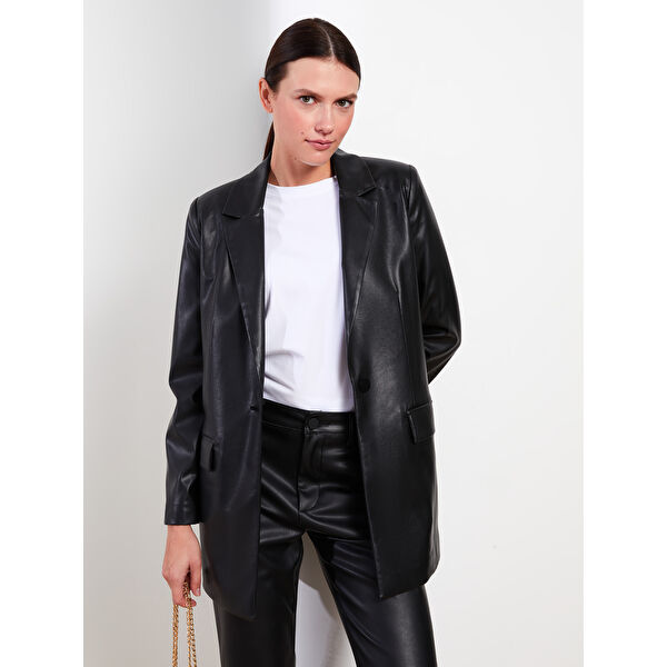 Düz Uzun Kollu Deri Görünümlü Kadın Blazer Ceket Düz Uzun Kollu Deri Görünümlü Kadın Blazer Ceket