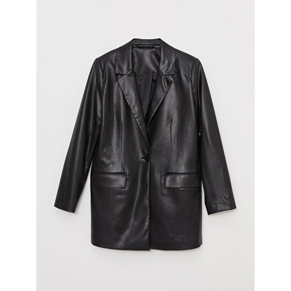 Düz Uzun Kollu Deri Görünümlü Kadın Blazer Ceket