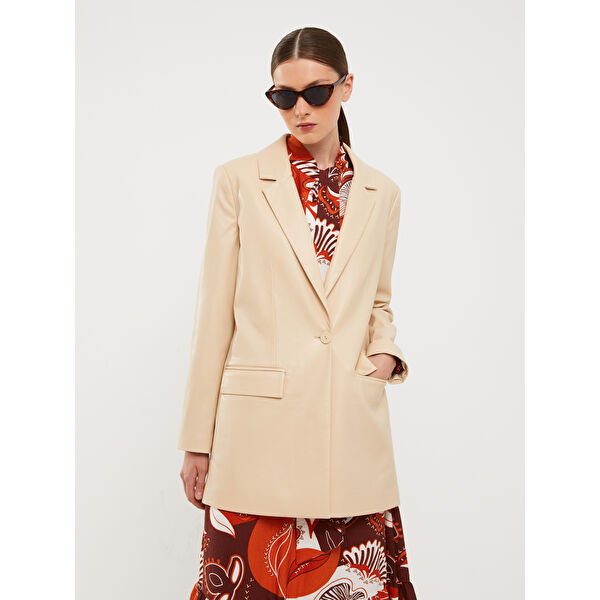 Düz Uzun Kollu Deri Görünümlü Kadın Blazer Ceket Düz Uzun Kollu Deri Görünümlü Kadın Blazer Ceket