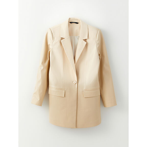 Düz Uzun Kollu Deri Görünümlü Kadın Ceket