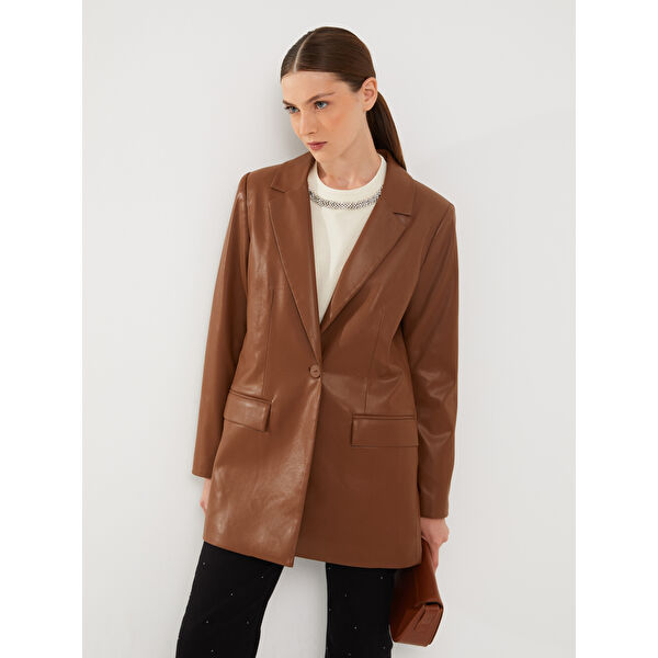 Düz Uzun Kollu Deri Görünümlü Kadın Blazer Ceket Düz Uzun Kollu Deri Görünümlü Kadın Blazer Ceket