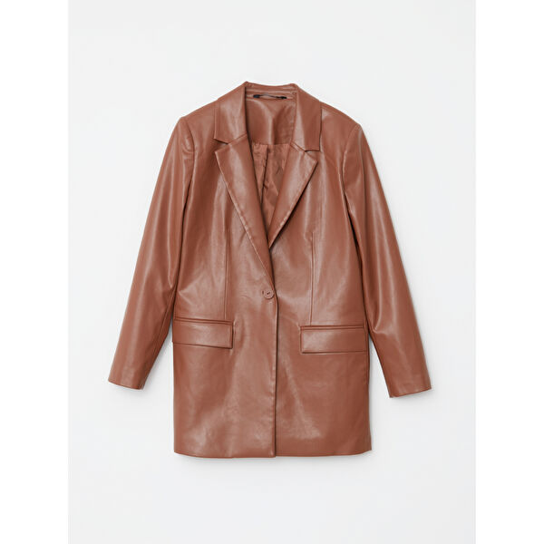 Düz Uzun Kollu Deri Görünümlü Kadın Ceket Düz Uzun Kollu Deri Görünümlü Kadın Ceket