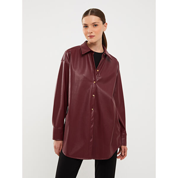 Gömlek Yaka Düz Uzun Kollu Deri Görünümlü Kadın Tunik