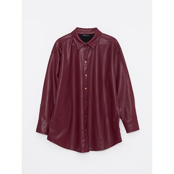 Gömlek Yaka Düz Uzun Kollu Deri Görünümlü Kadın Tunik