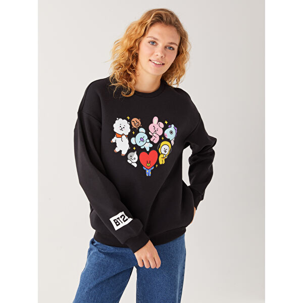 Bisiklet Yaka BT21 Baskılı Uzun Kollu Kadın Sweatshirt
