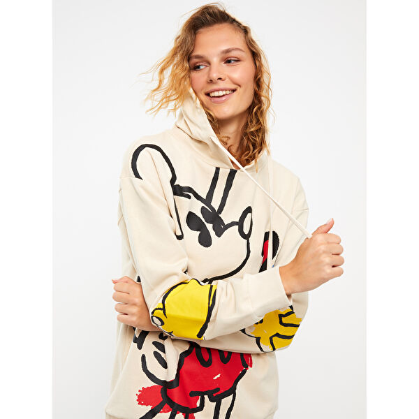 Kapüşonlu Mickey Mouse Baskılı Uzun Kollu Kadın Sweatshirt Kapüşonlu Mickey Mouse Baskılı Uzun Kollu Kadın Sweatshirt