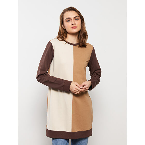 Bisiklet Yaka Renk Bloklu Uzun Kollu Kadın Tunik Bisiklet Yaka Renk Bloklu Uzun Kollu Kadın Tunik