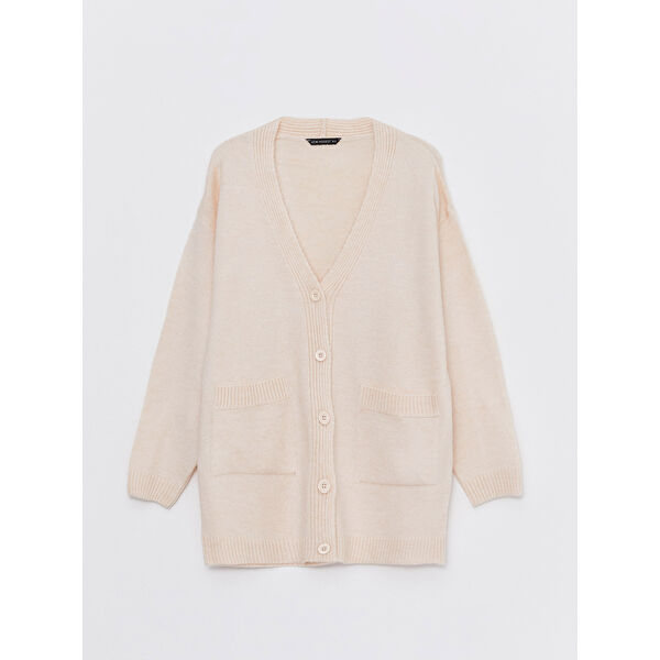 V Yaka Düz Uzun Kollu Kadın Triko Hırka