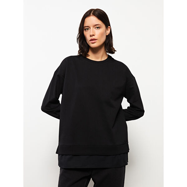 Bisiklet Yaka Düz Uzun Kollu Oversize Kadın Sweatshirt