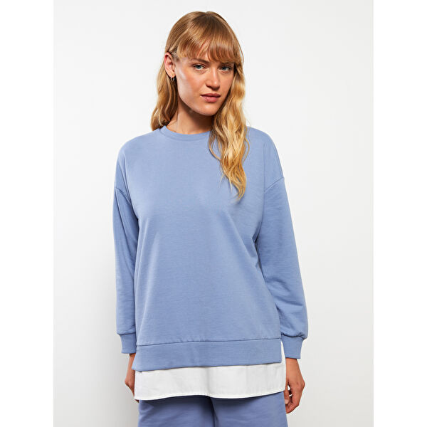 Bisiklet Yaka Düz Uzun Kollu Oversize Kadın Sweatshirt