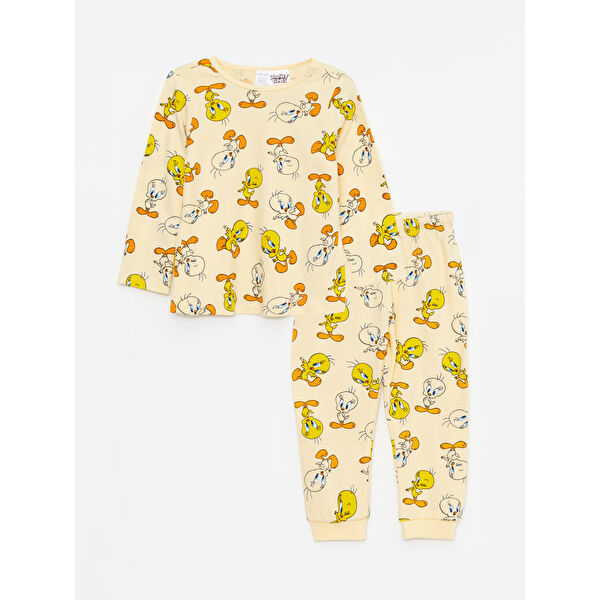 Bisiklet Yaka Uzun Kollu Looney Tunes Baskılı Kız Bebek Pijama Takımı