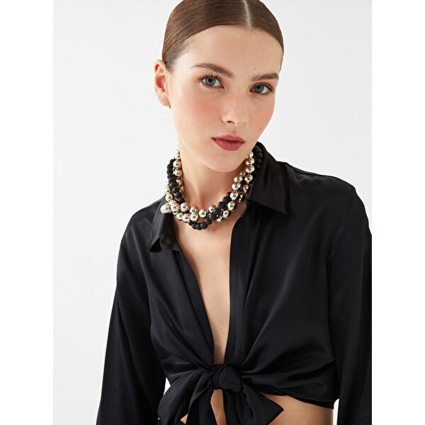 Düz Uzun Kollu Saten Kadın Abiye Gömlek