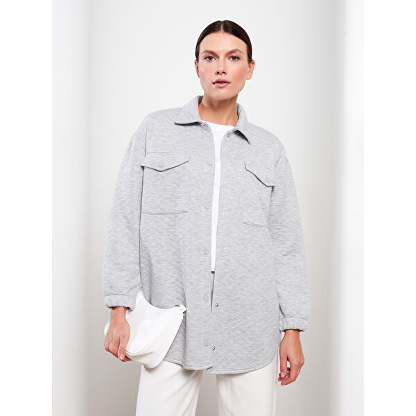 Gömlek Yaka Kendinden Desenli Uzun Kollu Kadın Tunik