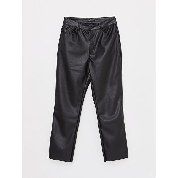 Standart Fit Düz Deri Görünümlü Kadın Pantolon Standart Fit Düz Deri Görünümlü Kadın Pantolon