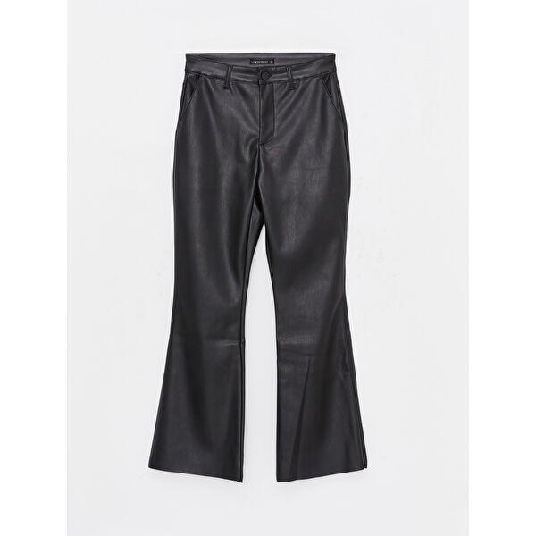 Standart Fit Düz Deri Görünümlü Kadın Pantolon