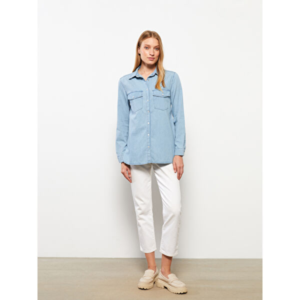 Düz Uzun Kollu Kadın Jean Gömlek