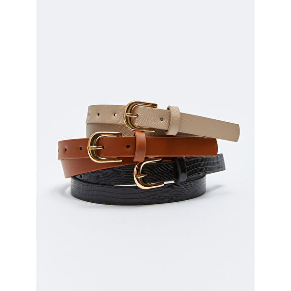 Deri Görünümlü Düz İnce Kadın Kemer 3'lü Deri Görünümlü Düz İnce Kadın Kemer 3'lü