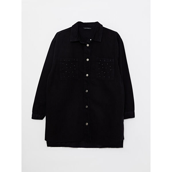 Gömlek Yaka Taş İşlemeli Uzun Kollu Kadın Jean Tunik Gömlek Yaka Taş İşlemeli Uzun Kollu Kadın Jean Tunik