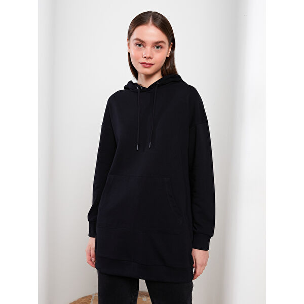 Kapüşonlu Düz Uzun Kollu Kadın Tunik