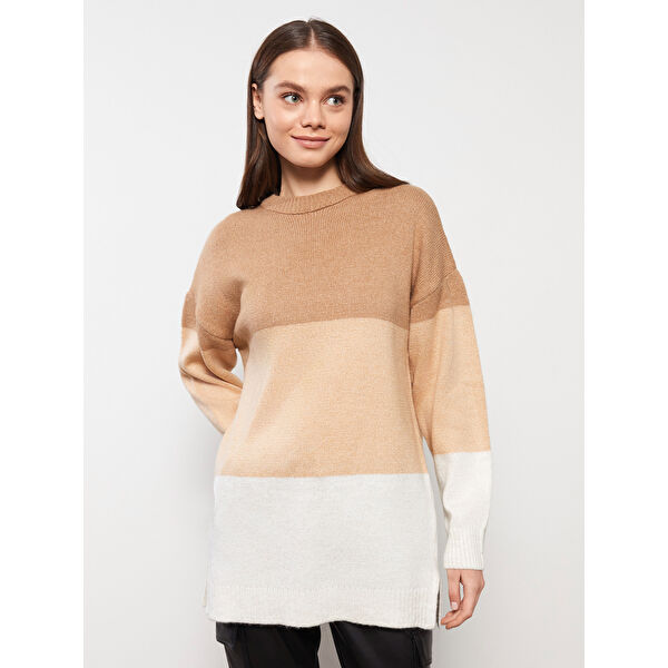 Bisiklet Yaka Renk Bloklu Uzun Kollu Kadın Tunik Bisiklet Yaka Renk Bloklu Uzun Kollu Kadın Tunik