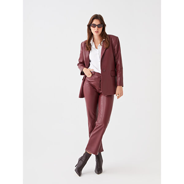 Standart Fit Düz Deri Görünümlü Kadın Pantolon