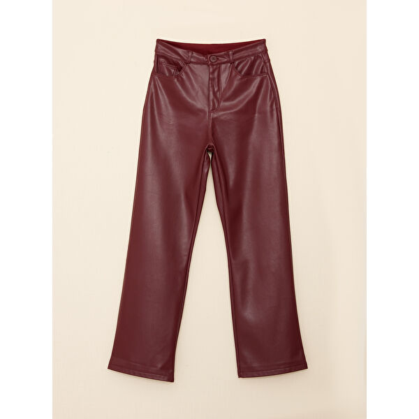 Standart Fit Düz Deri Görünümlü Kadın Pantolon