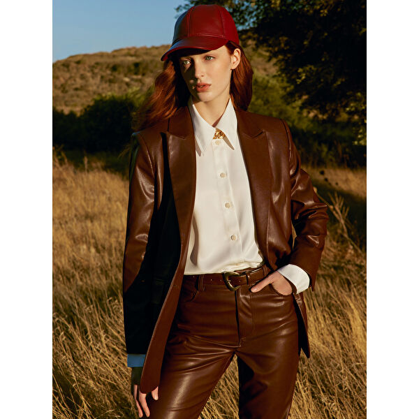 Düz Uzun Kollu Deri Görünümlü Kadın Ceket Düz Uzun Kollu Deri Görünümlü Kadın Ceket