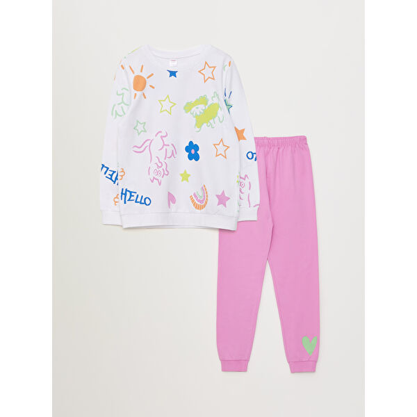 Bisiklet Yaka Baskılı Uzun Kollu Kız Çocuk Pijama Takımı