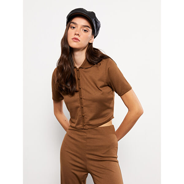 Polo Yaka Düz Kısa Kollu Crop Kadın Tişört Polo Yaka Düz Kısa Kollu Crop Kadın Tişört