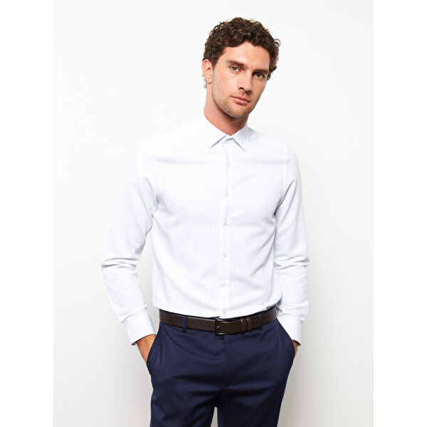 Slim Fit Uzun Kollu Çizgili Armürlü Erkek Gömlek