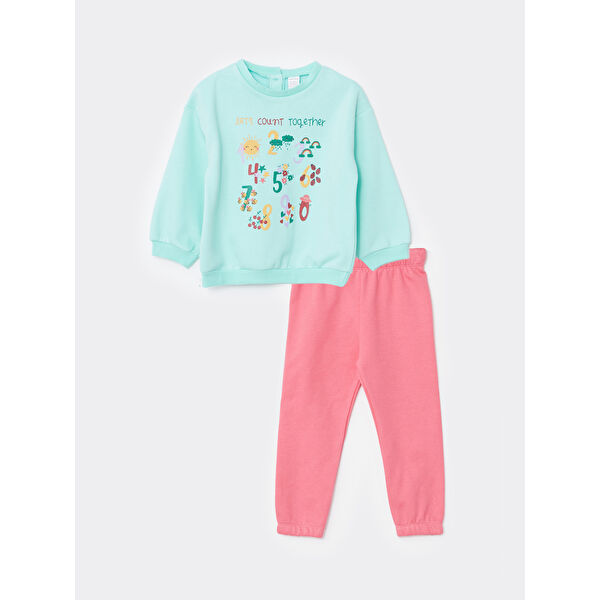 Bisiklet Yaka Uzun Kollu Baskılı Kız Bebek Sweatshirt ve Eşofman Alt 2'li Takım