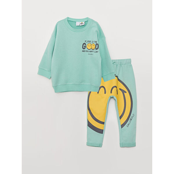 Bisiklet Yaka Uzun Kollu Smiley Baskılı Erkek Bebek Sweatshirt ve Pantolon 2'li Takım Bisiklet Yaka Uzun Kollu Smiley Baskılı Erkek Bebek Sweatshirt ve Pantolon 2'li Takım