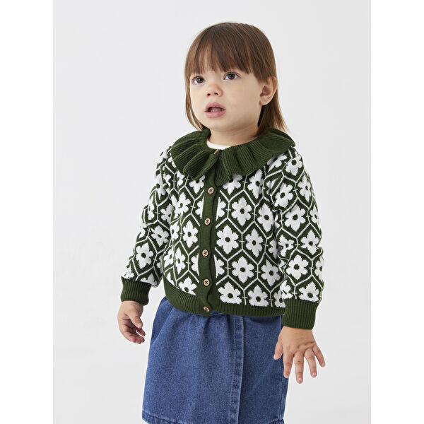 Fırfırlı Bisiklet Yaka Uzun Kollu Desenli Kız Bebek Triko Hırka Fırfırlı Bisiklet Yaka Uzun Kollu Desenli Kız Bebek Triko Hırka