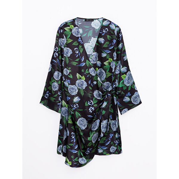 Kruvaze Yaka Çiçekli Uzun Kollu Saten Kadın Elbise