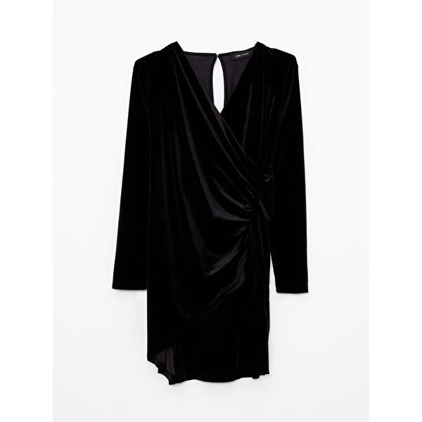 Kruvaze Yaka Düz Uzun Kollu Kadife Kadın Elbise