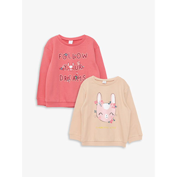 Bisiklet Yaka Uzun Kollu Baskılı Kız Bebek Sweatshirt 2'li